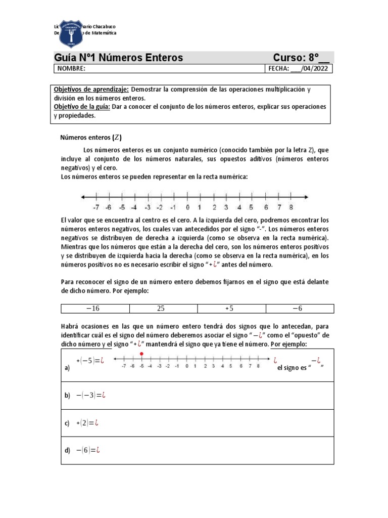 Guía N°1 Números Enteros-8vo | PDF | Entero | Teoría de los números