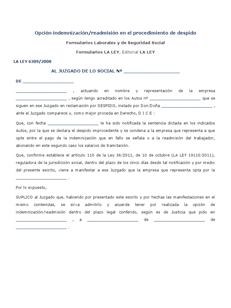 Escrito de Opción Indemnización Readmisión-1 | PDF