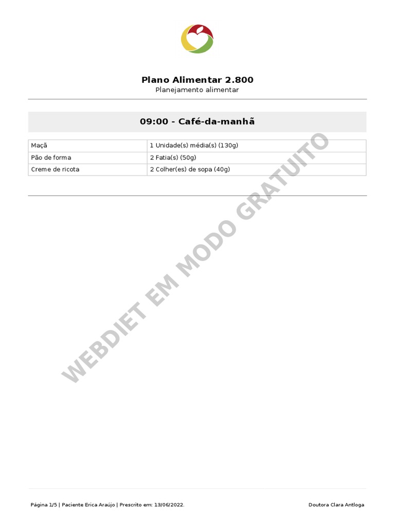 Plano Alimentar - Erica Araújo | PDF | Culináriar | Preparação de ...