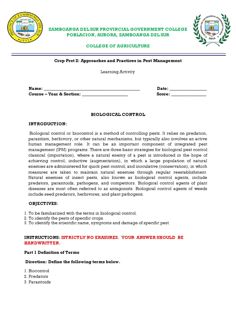 Crop Prot 2.LAB Assignment Act.2. | PDF | Biological Pest Control | Pest (Organism)