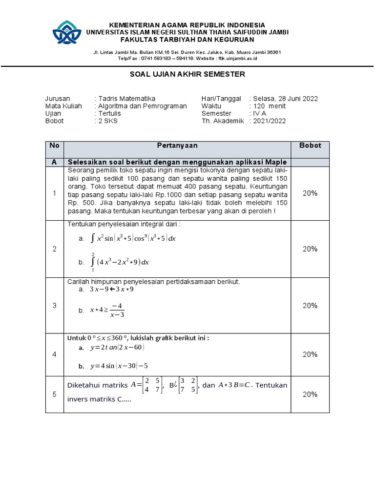 4a Soal Uas Algoritma Dan Pemrograman | PDF