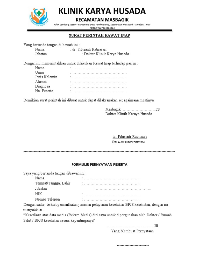 Surat Perintah Rawat Inap Dan FormulirPernyatan Peserta | PDF