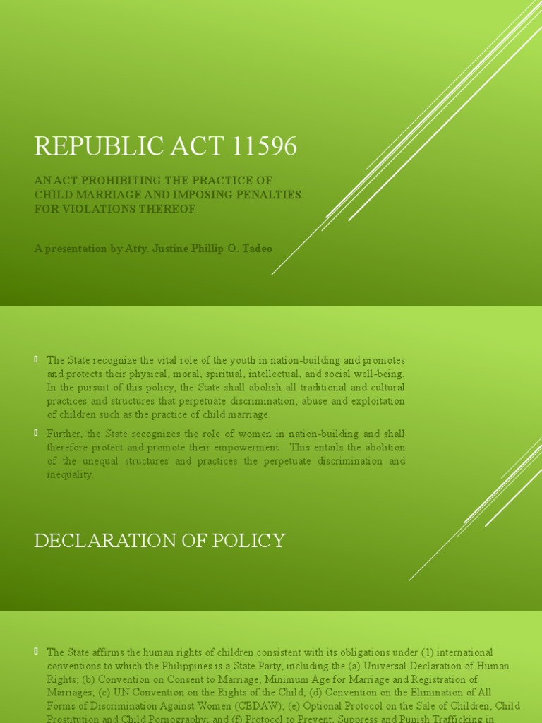 REPUBLIC ACT 11596 - An Act Prohibiting Child Marriage | PDF | Marriage ...