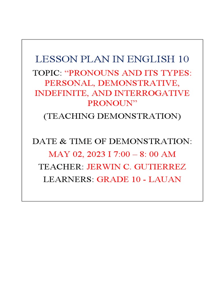 Types of Pronouns Lesson Plan | PDF | Language Arts & Discipline | Foreign Language Studies