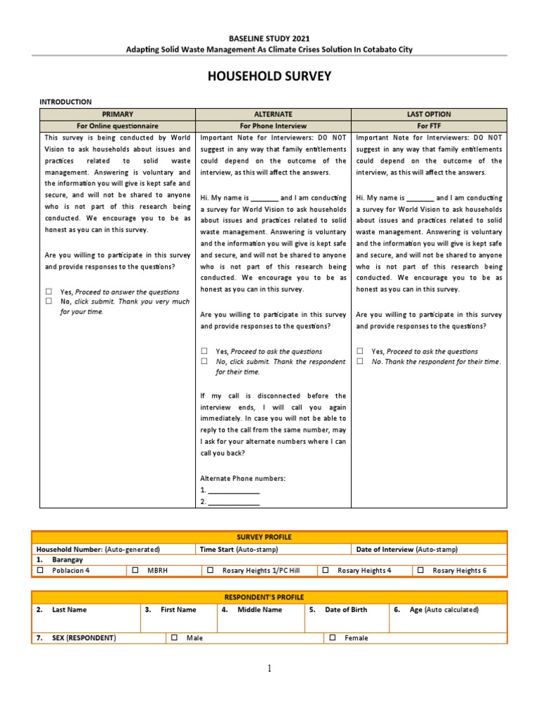 Household Survey Questionnaire | PDF | Recycling | Waste Household Survey Questionnaire | PDF | Recycling | Waste