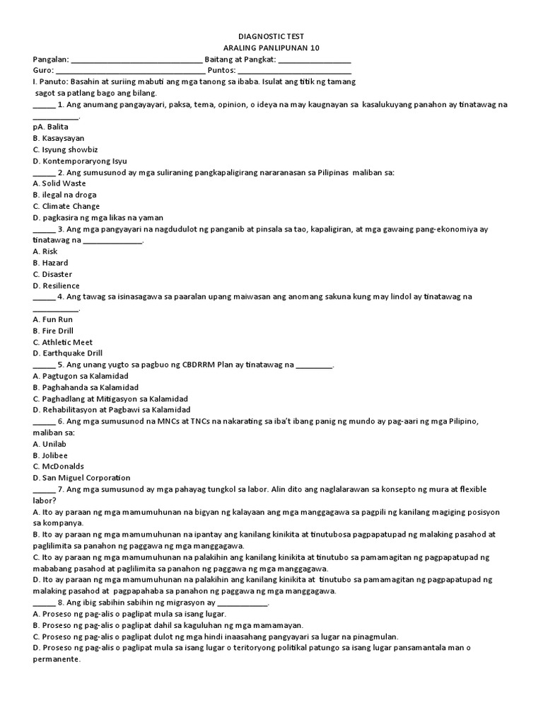 DIAGNOSTIC TEST Ap10 | PDF