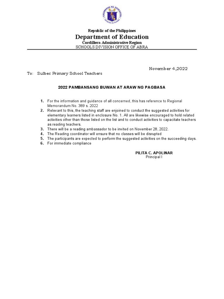 Memorandum 2022 Pambansang Buwan at Araw NG Pagbasa | PDF