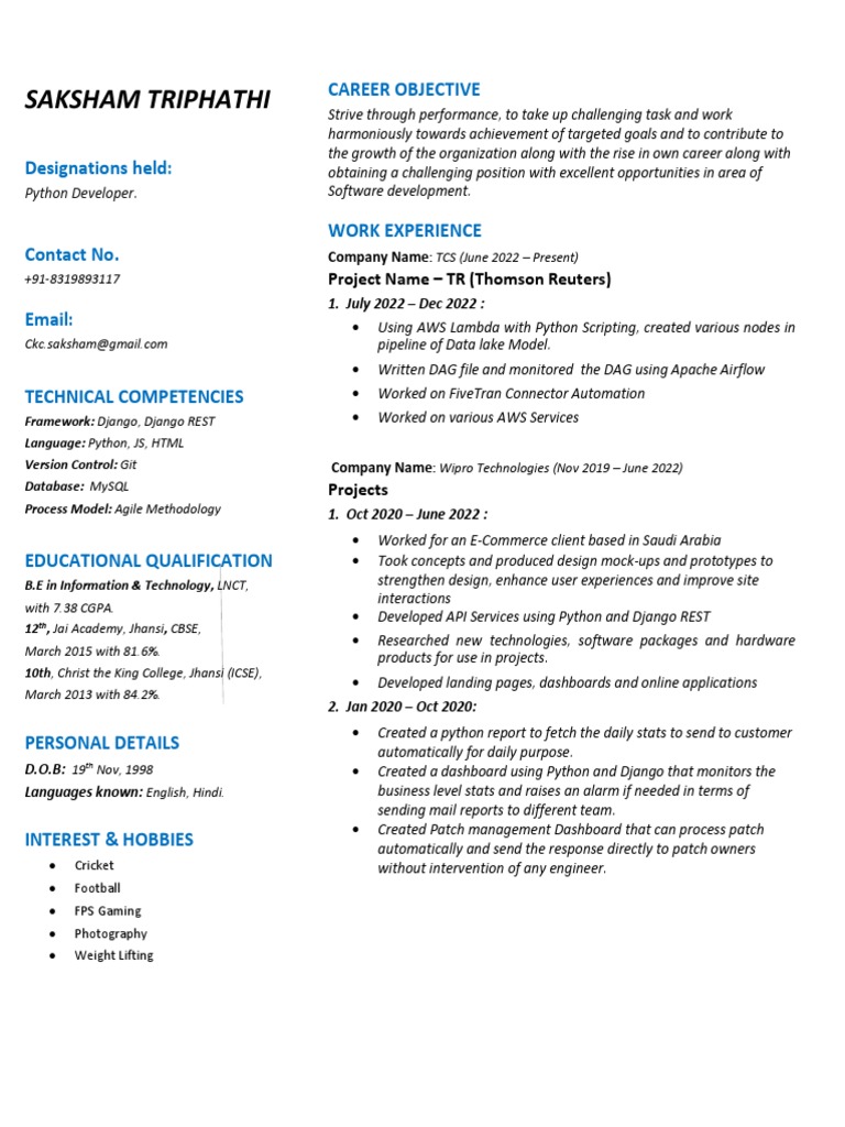 Saksham CV | PDF | Python (Programming Language) | Information Technology Management