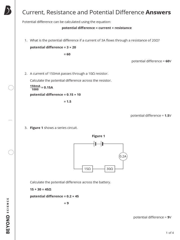 Current, Resistance and Potential Difference (Answers) | PDF | Voltage ...