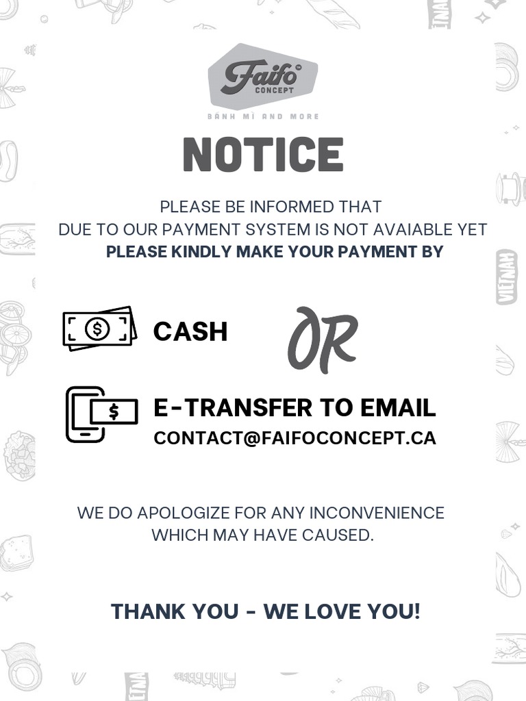 Payment Notice: Cash & E-Transfer Only | PDF