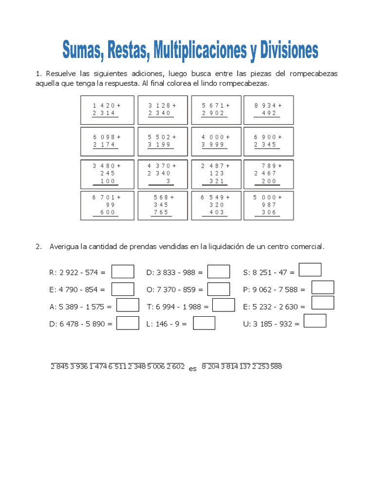 Ficha Sumas Restas Multiplicaciones y Divisiones para Cuarto de Primaria | PDF | Métodos y ...