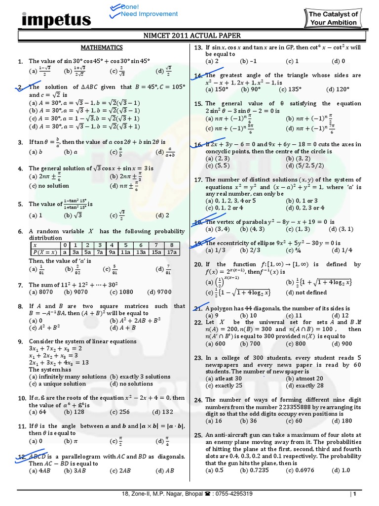 Nimcet 2011 Actual Paper: 0 1 2 3 4 5 6 7 8 Z (W 4 ) A 3a 5a 7a 9a 11a ...