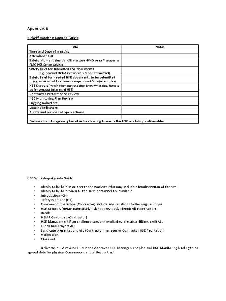 Appendix E - Meetings Kick Off and HSE Workshop | PDF