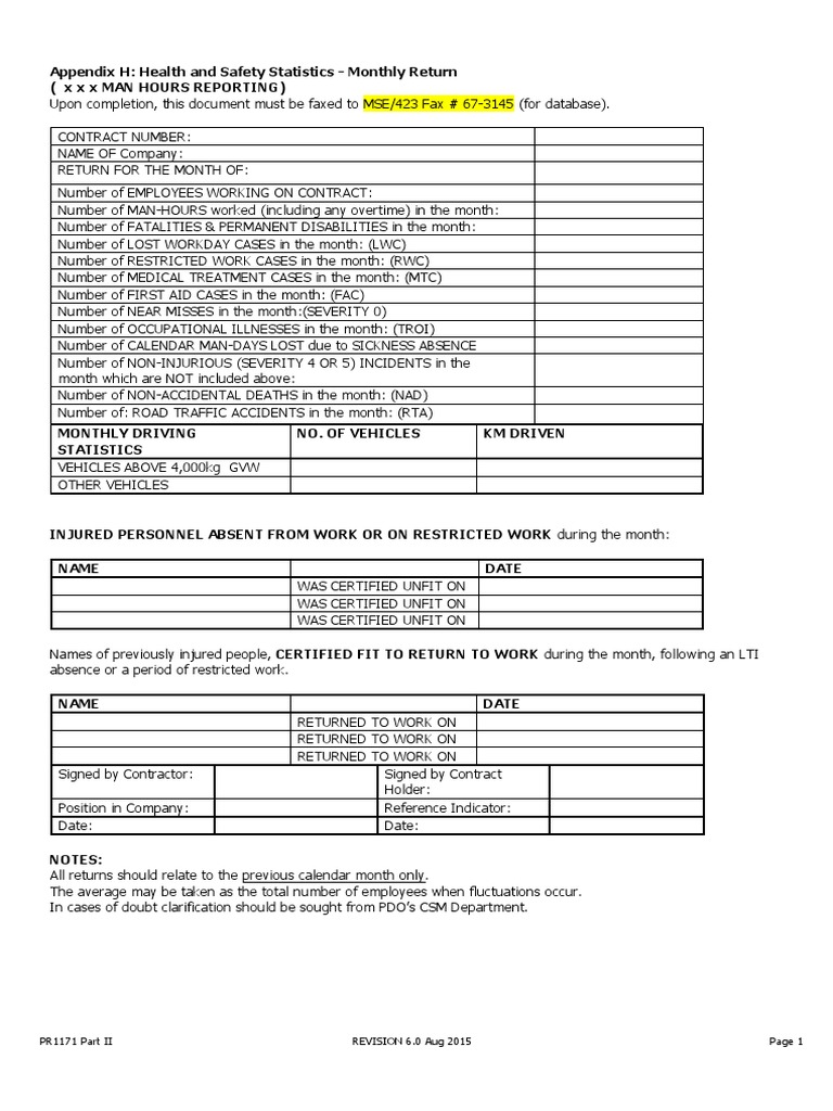 Appendix H - Monthly Safety Statistics Form | PDF