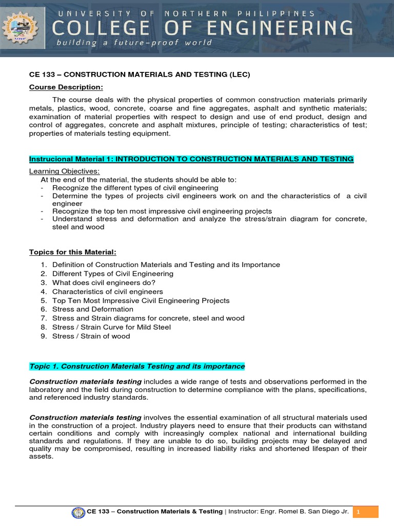 Week 1 Introduction To Construction Materials and Testing | PDF