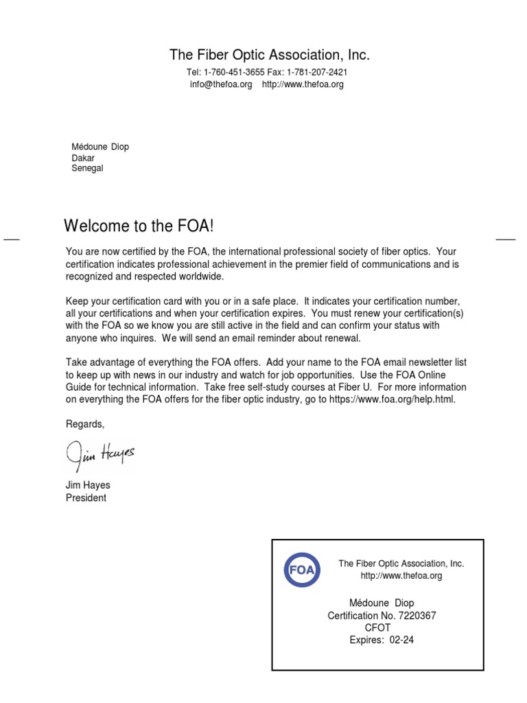 CFOT Certification Confirmation Letter | PDF