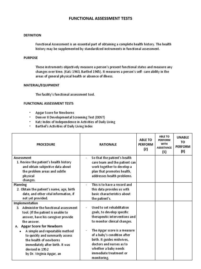 Functional Assessment Test Overview | PDF | Clinical Medicine | Medical ...
