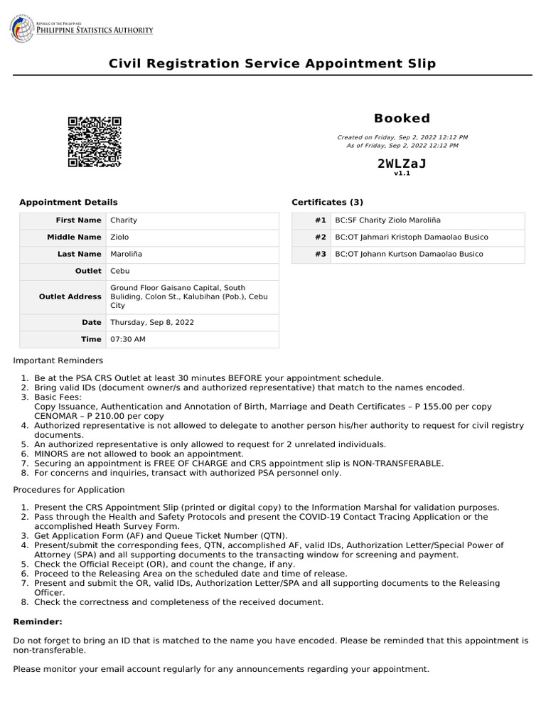 Civil Registration Service Appointment Slip | PDF