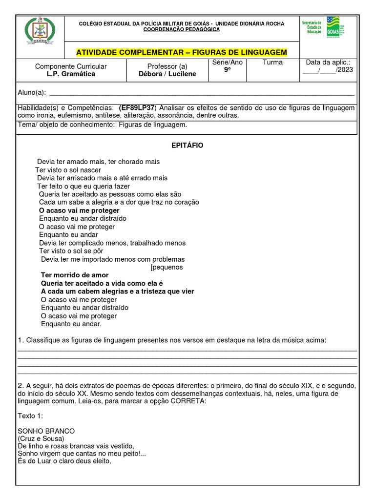 Atividade Complementar Figuras de Linguagem 9º Ano | PDF