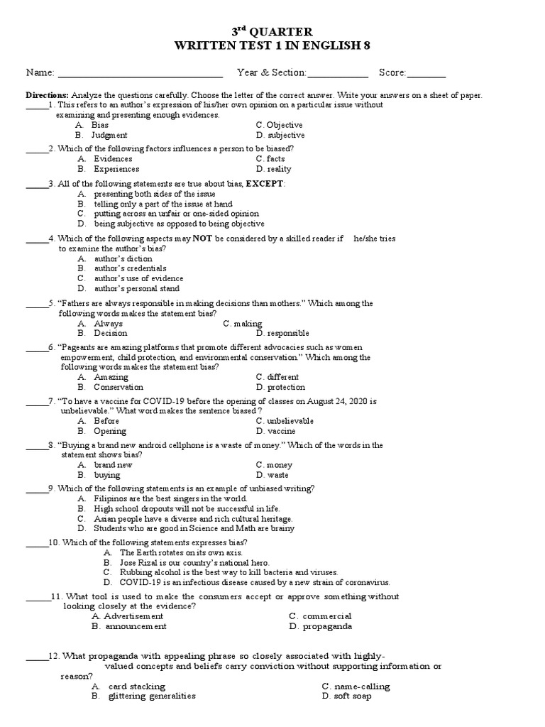 Bias and Propaganda in Writing Test | PDF | Bias | Propaganda