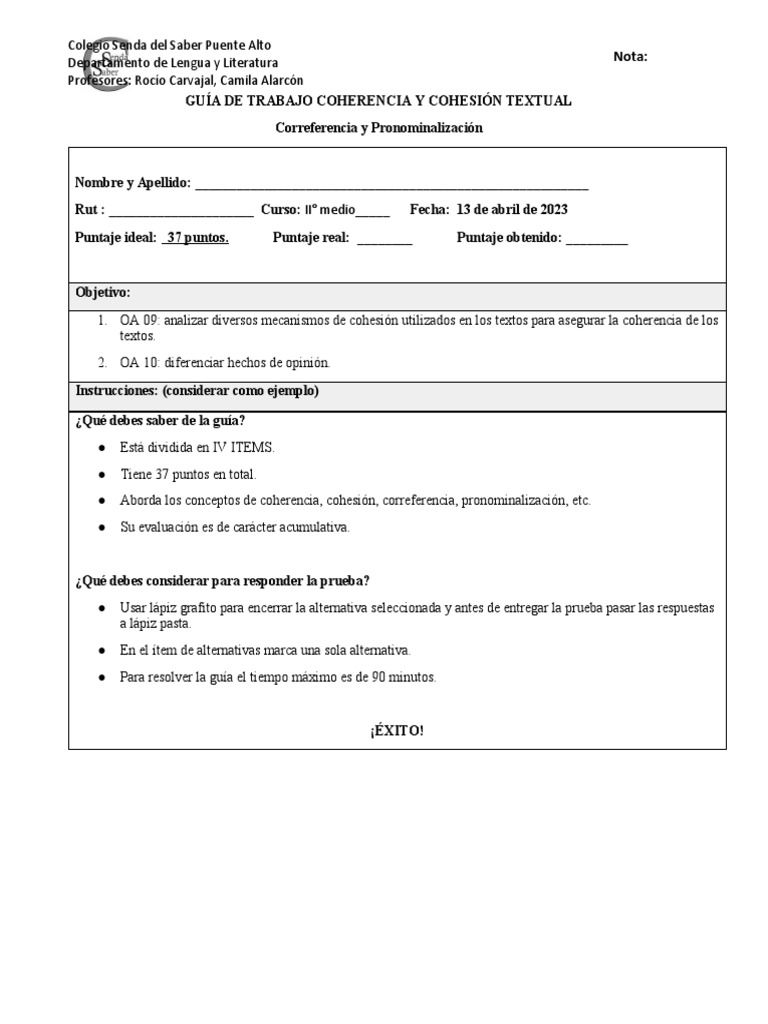 Guia 1 Coherencia Cohesión de Textos | PDF