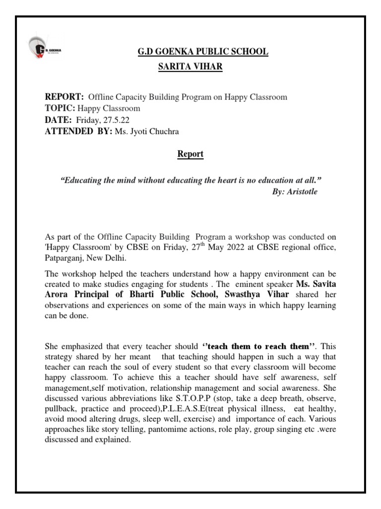 Happy Classroom Workshop Report | PDF | Self-Improvement