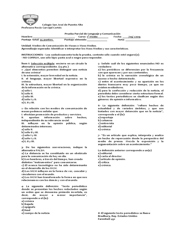 Prueba de Lenguaje: Medios de Comunicación | PDF | Comunicación ...