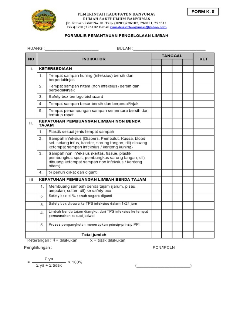 k. 5 Formulir Monitoring Pengelolaan Limbah Ruangan | PDF