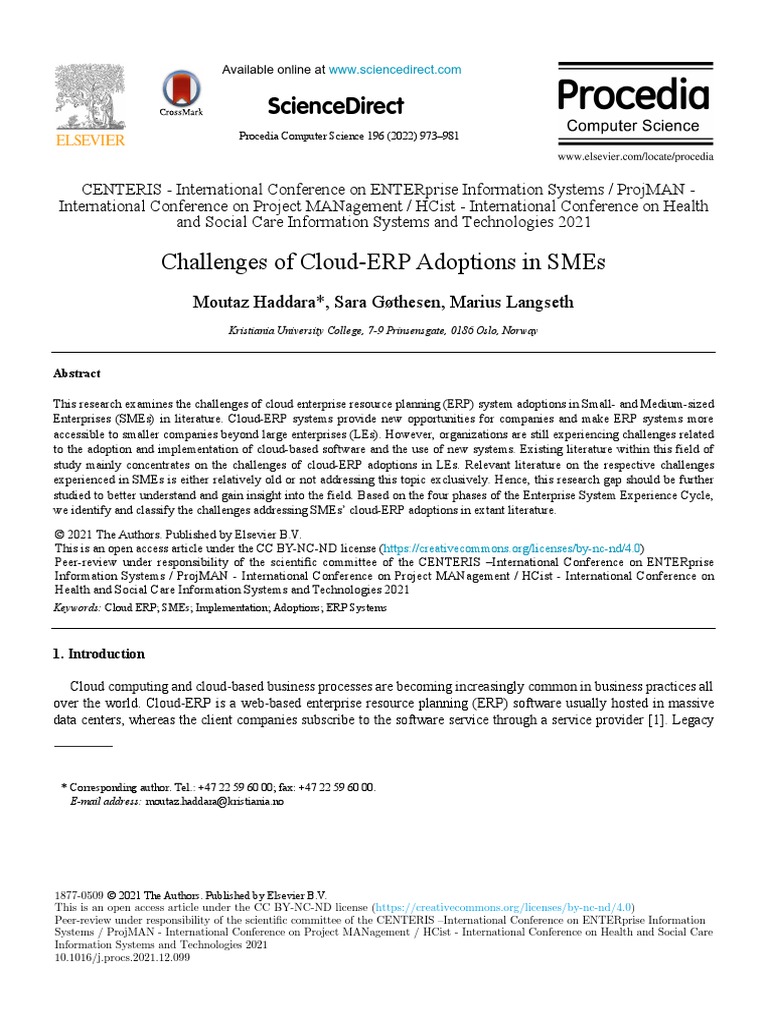 Challenges of Cloud ERP Adoptions in SMEs - 2022 - Procedia Computer Science | PDF | Enterprise ...