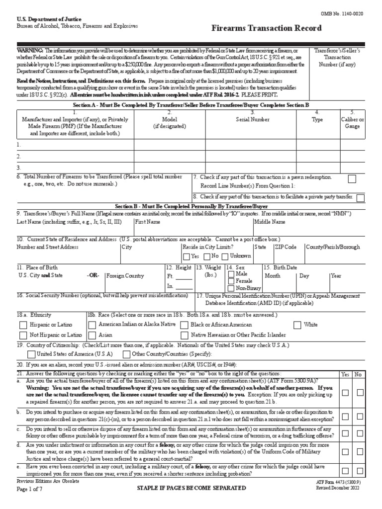 ATF Firearms Transaction Record Form | PDF | National Instant Criminal ...