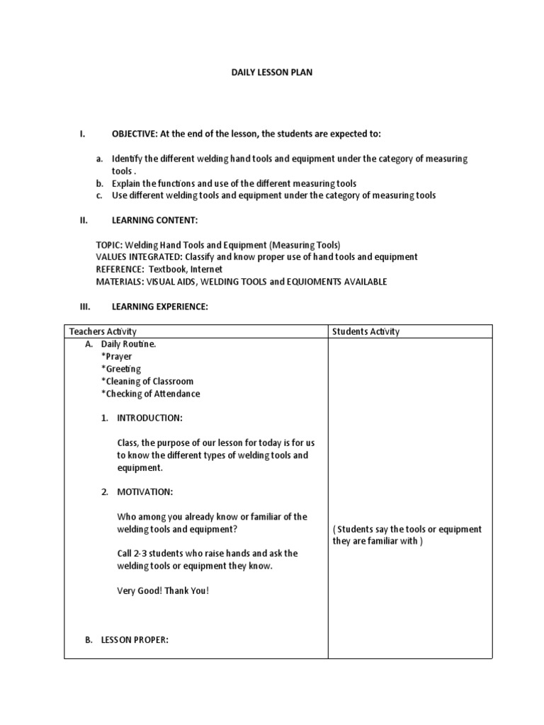 Lesson Plan Welding Tools and Equipment | PDF | Technology & Engineering