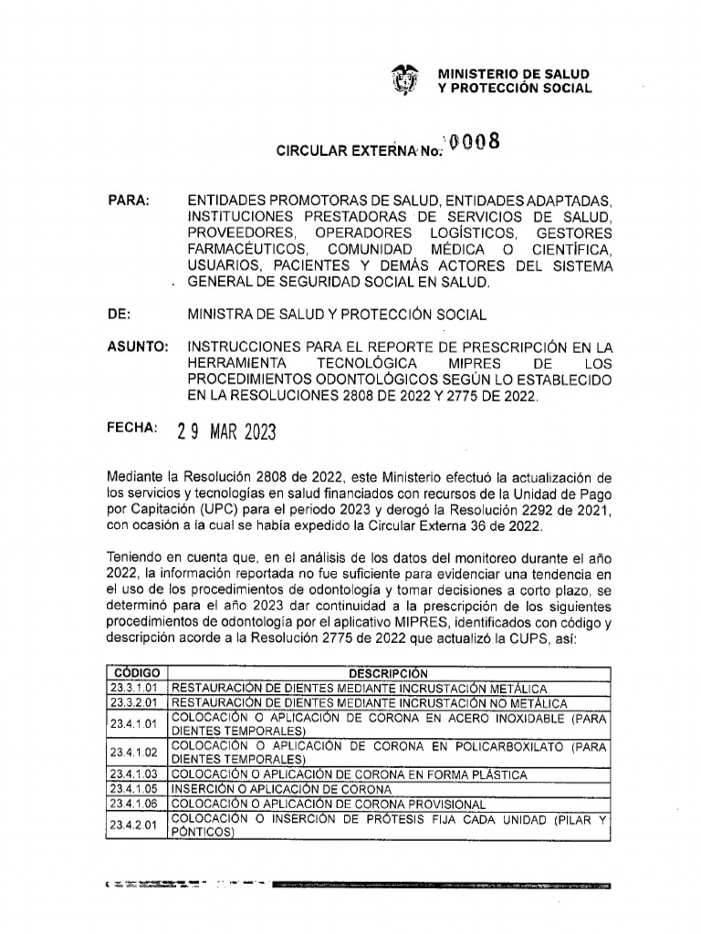 Circular Externa No. 008 de 2023 | PDF | Dentadura postiza | Ortodoncia