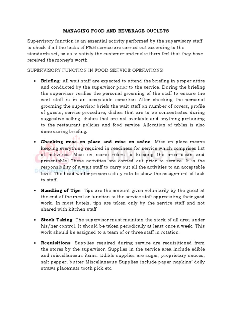 Managing Food and Beverage Outlets | PDF | Waiting Staff | Business