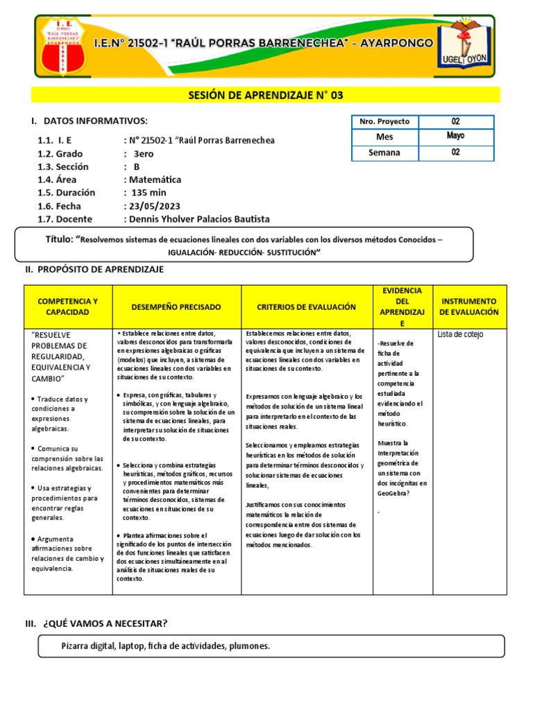 Sistema de Ecuaciones RPB 2023-3ero - Sa3 | PDF | Ecuaciones | Evaluación