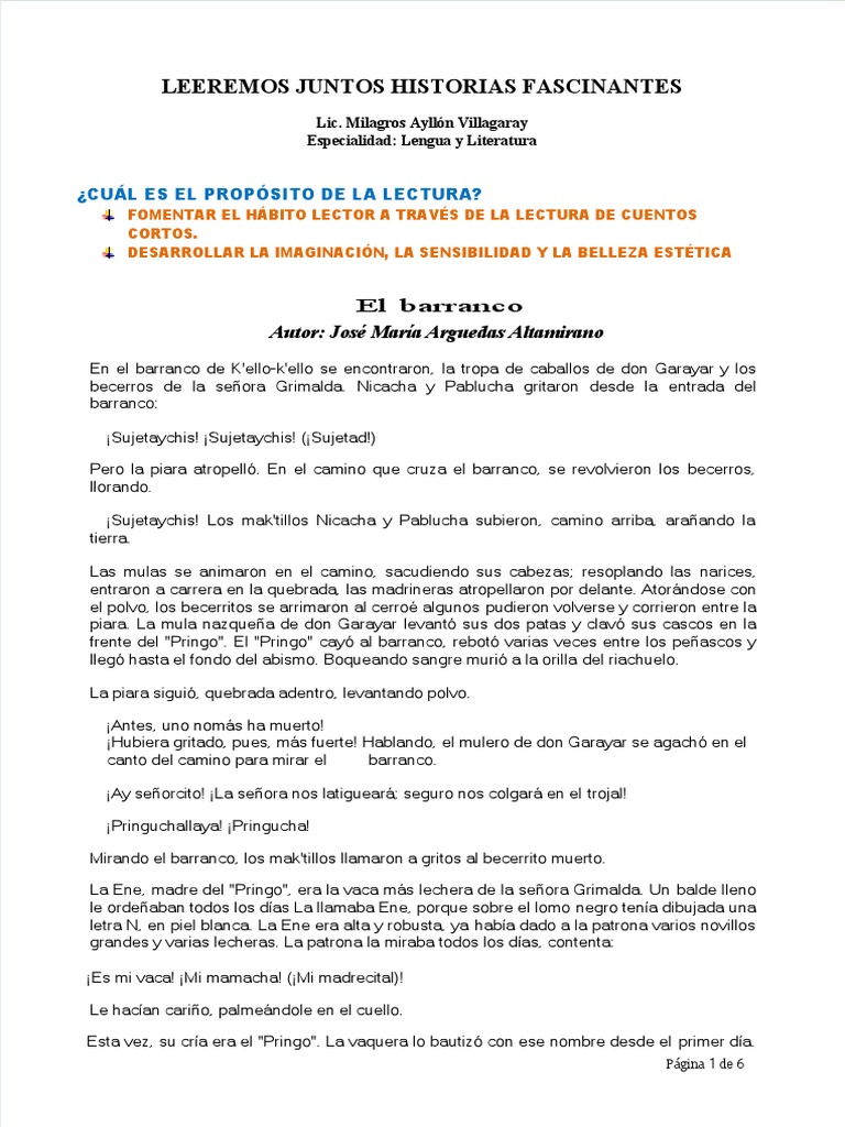 Análisis Literario de La Obra-El-Barranco. Autor José María Arguedas | PDF
