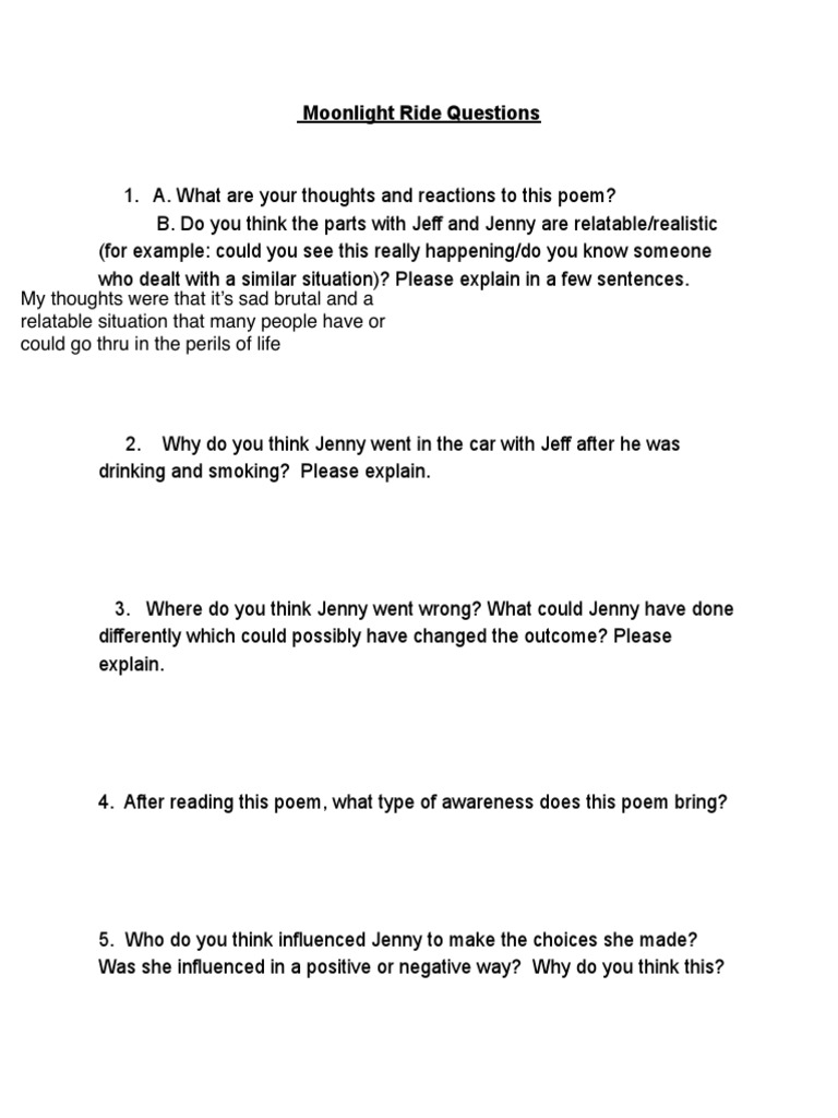 Moonlight Ride Questions | PDF | Language Arts & Discipline