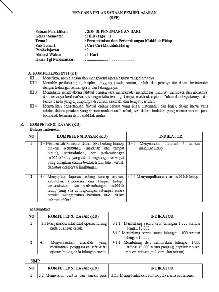 RPP Kelas 3 Tema 1 | PDF