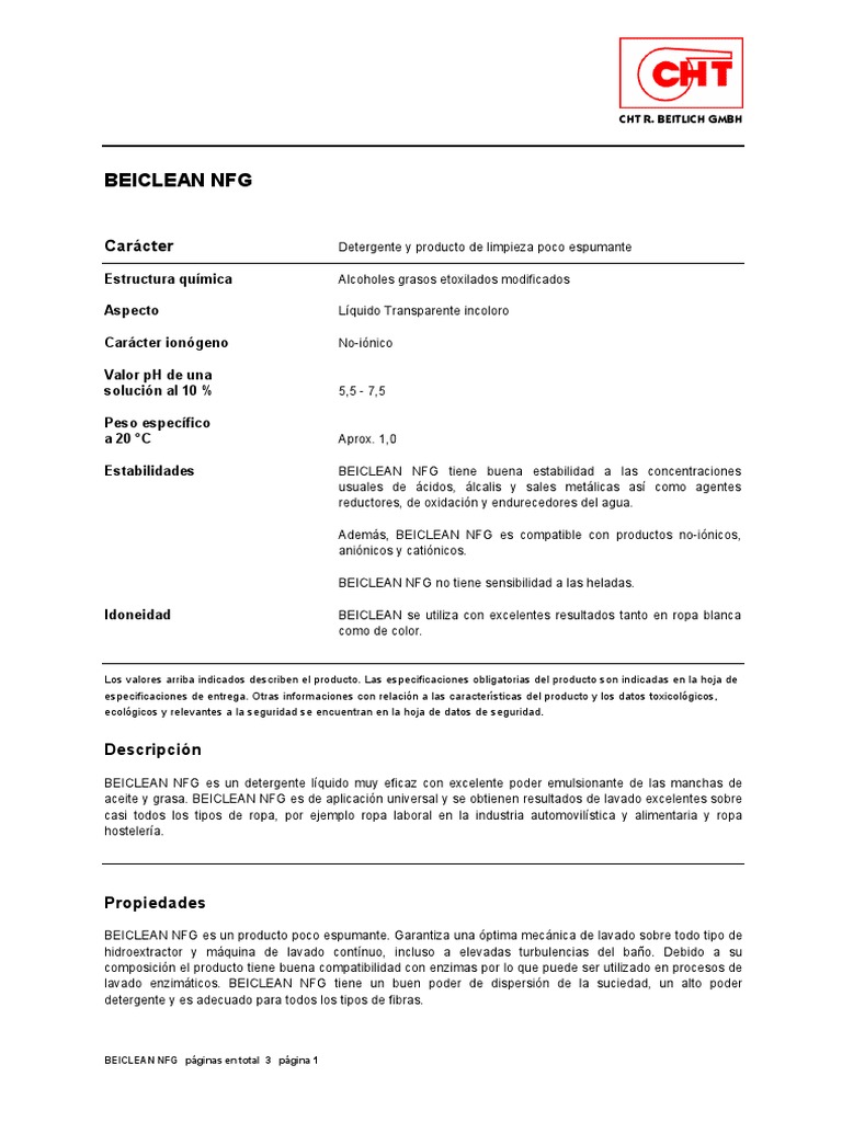 BEICLEAN NFG - Ficha Tecnica | PDF | Detergente | Agua