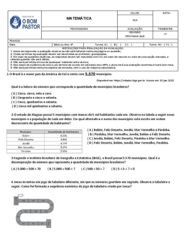 Revisão Provinha Sas MTM 4° Ano | PDF