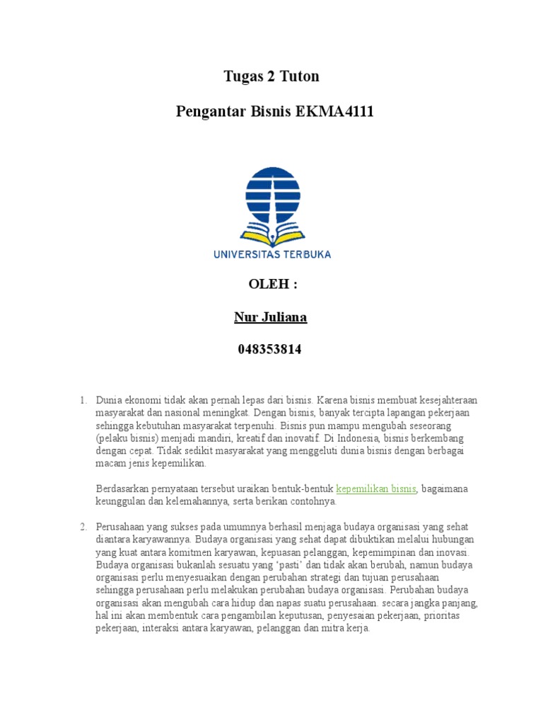 Tugas 2 Tuton Pengantar Bisnis EKMA4111 | PDF | Karier & Perkembangan | Bisnis