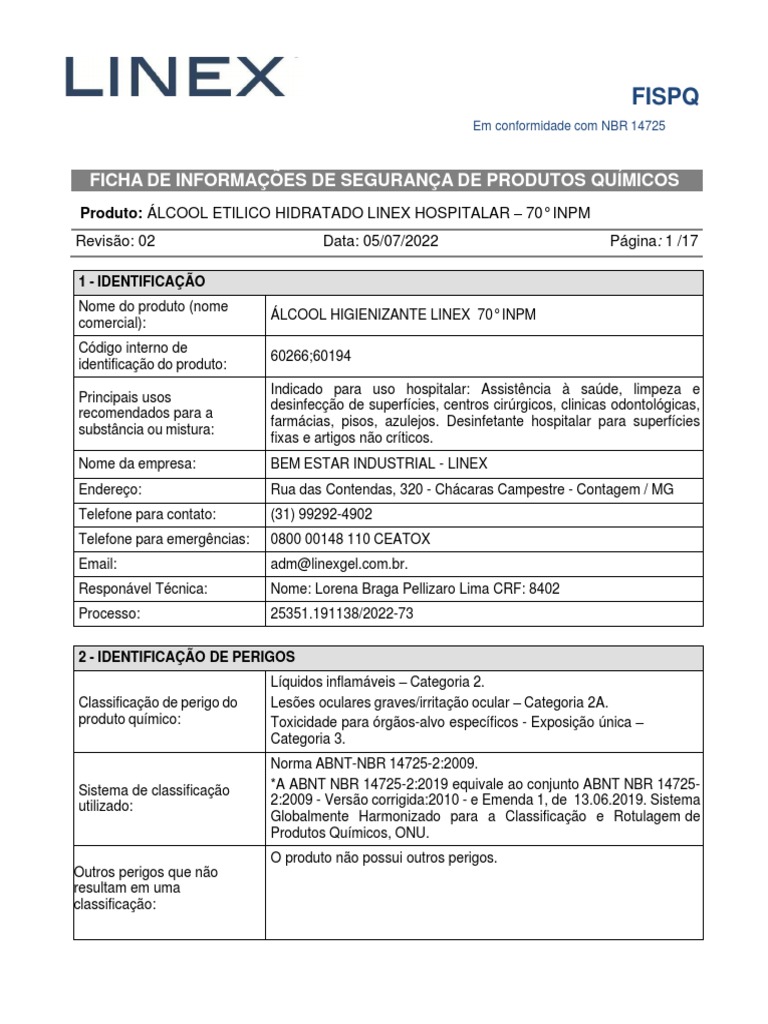 FISPQ Alcool Etilico Hidratado Linex 70 | PDF | Etanol | Química