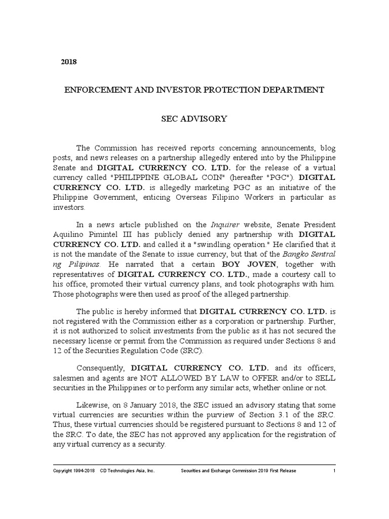SEC Warns Against Philippine Global Coin | PDF | Securities (Finance ...
