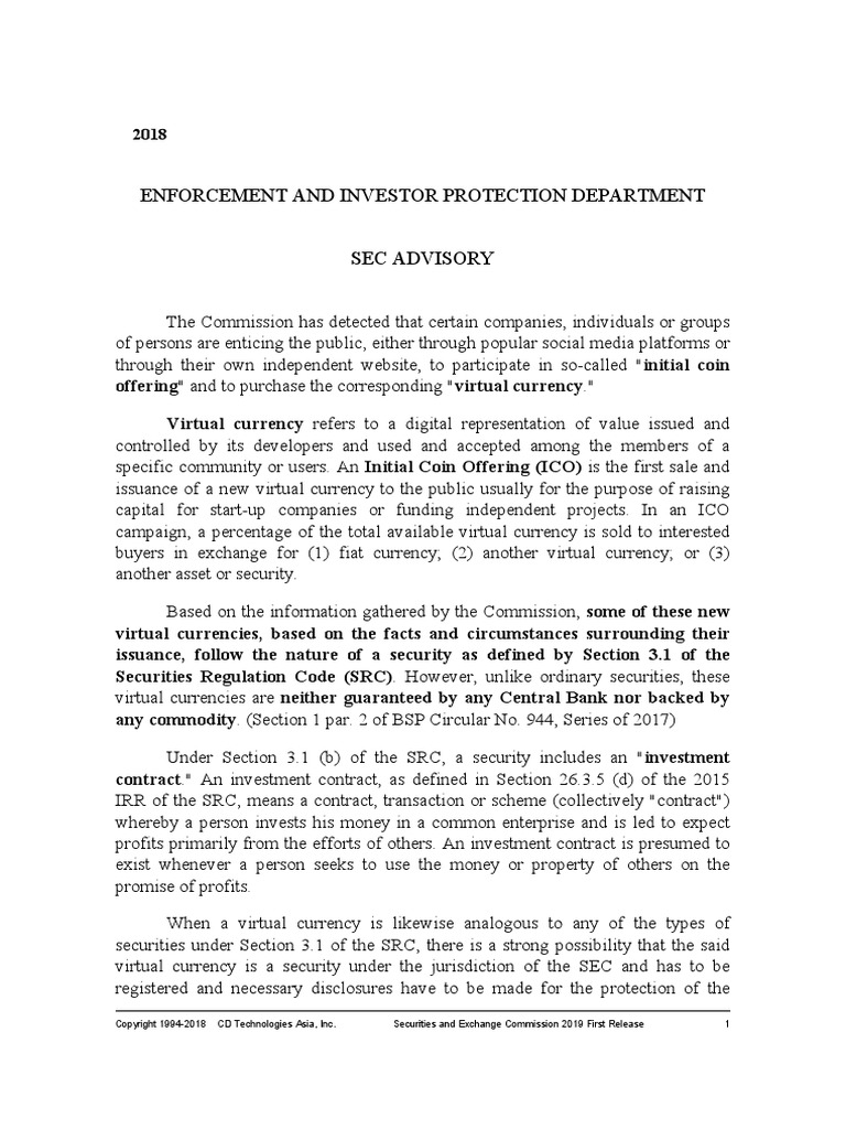 SEC Advisory Public Participation in Initial Coin Offering | PDF ...