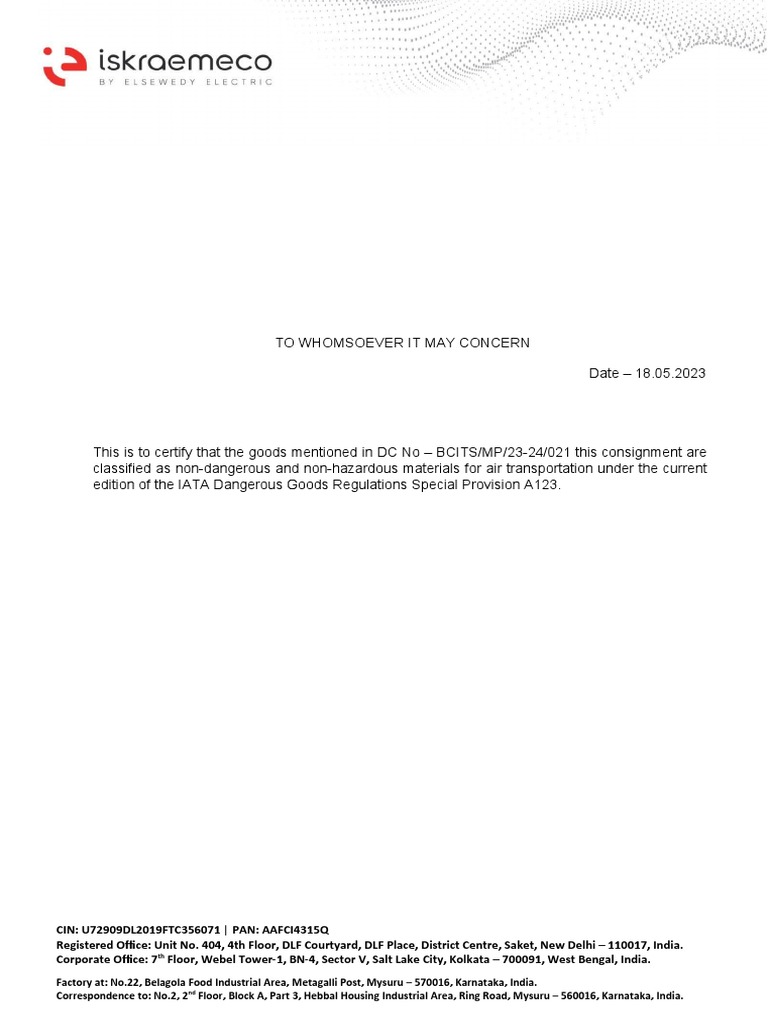 Non-Hazardous Goods Certification | PDF