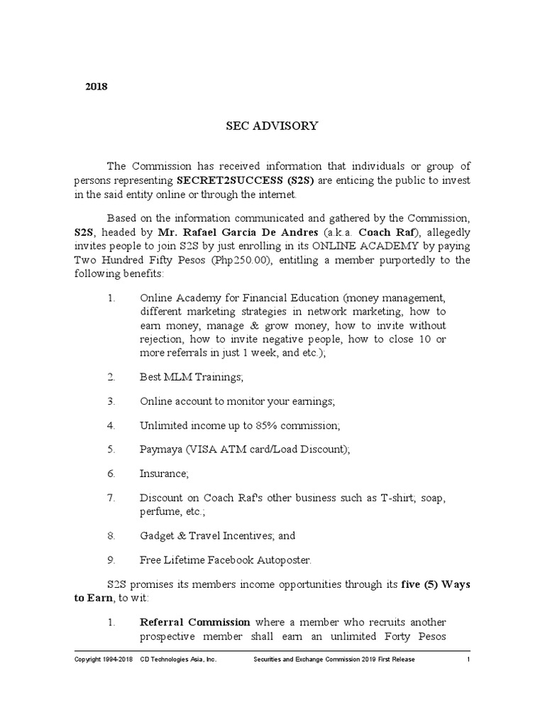 SEC Advisory Secret2Success | PDF | Securities (Finance) | Multi Level ...