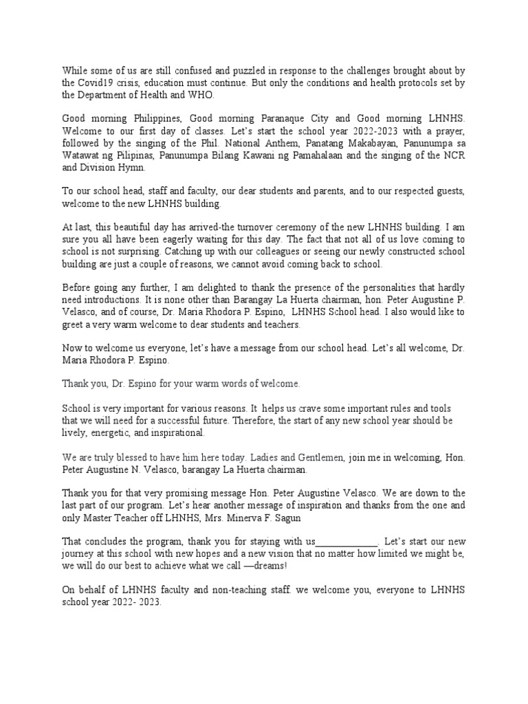 Opening of Classes Lhnhs Emcee Script 2022 | PDF
