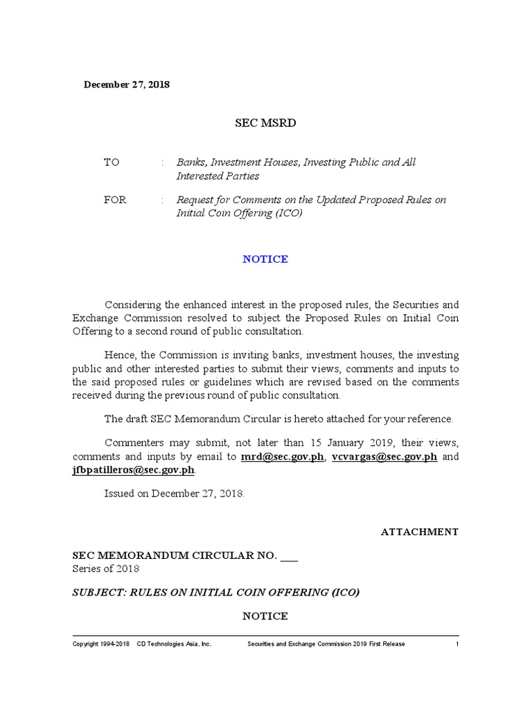 SEC MSRD Request For Comments On The Updated Proposed Rules On Initial Coin Offering | Download ...
