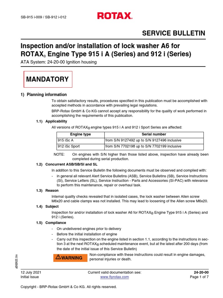 Service Bulletin Inspection And/or Installation of Lock Washer A6 For ...