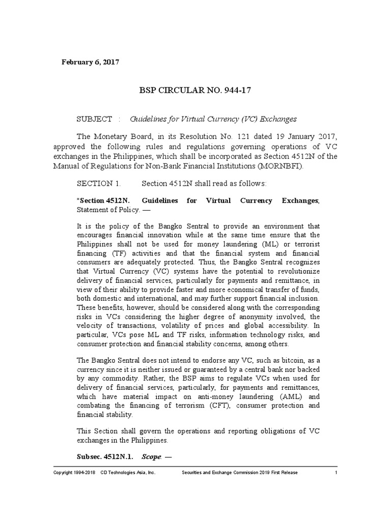 BSP Circular No. 944-2017 (Guidelines For Virtual Currency (VC ...