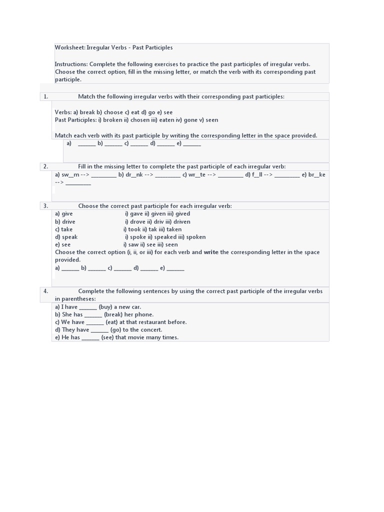 Irregular Verbs Past Participles Worksheet | PDF | Language Arts ...